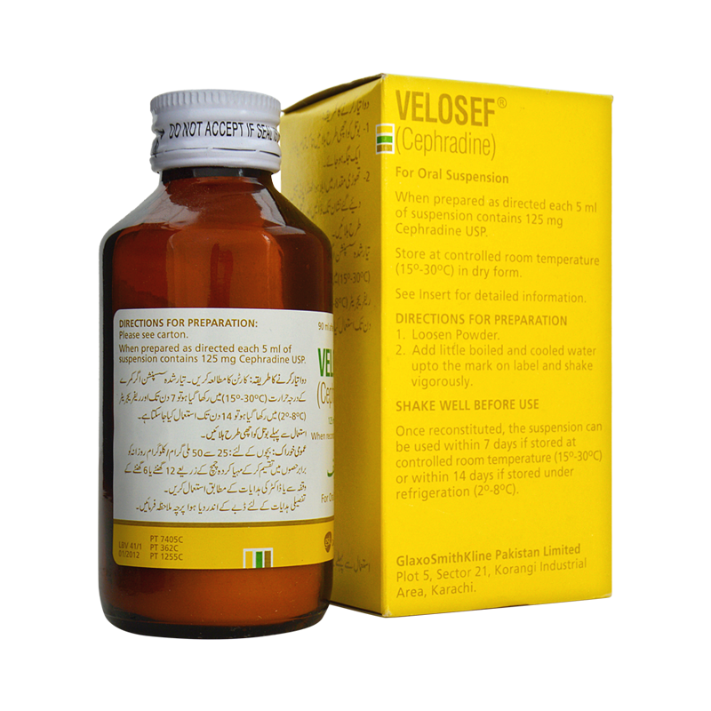 VELOSEF 125MG 90ML SUSP - Pack Size X 1 - Khalid Pharmacy | Online Pharmacy in Lahore, Pakistan